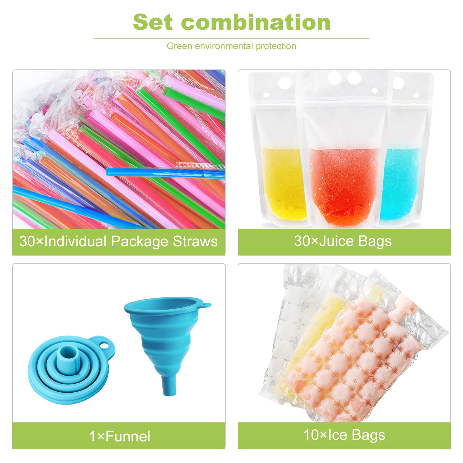 30Pcs Drink Pouches with Individual Package Straws Translucent Frosted Reclosable Zipper Juice Pouches Smoothie Pouches for Cold & Hot Drinks- 10 Ice Cube Bags& Silicone Funnel Included