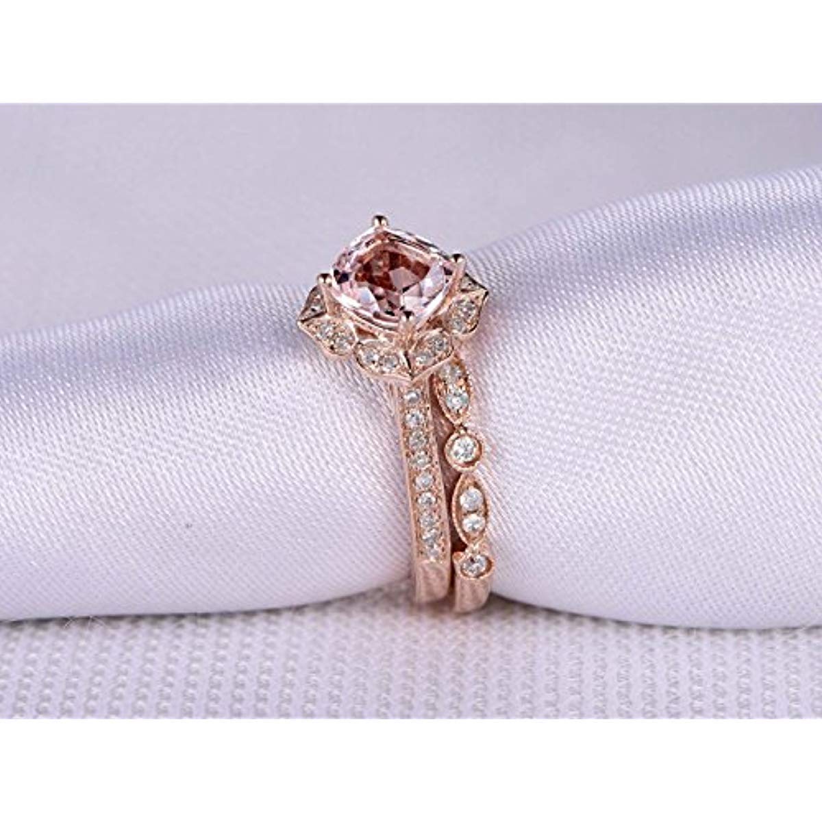1.25 Ctw Cushion Cut Morganite & Diamond 18k Rose Gold Over .925 Sterling Silver Flower Engagement Wedding Half Eternity 2pcs Bridal Rings