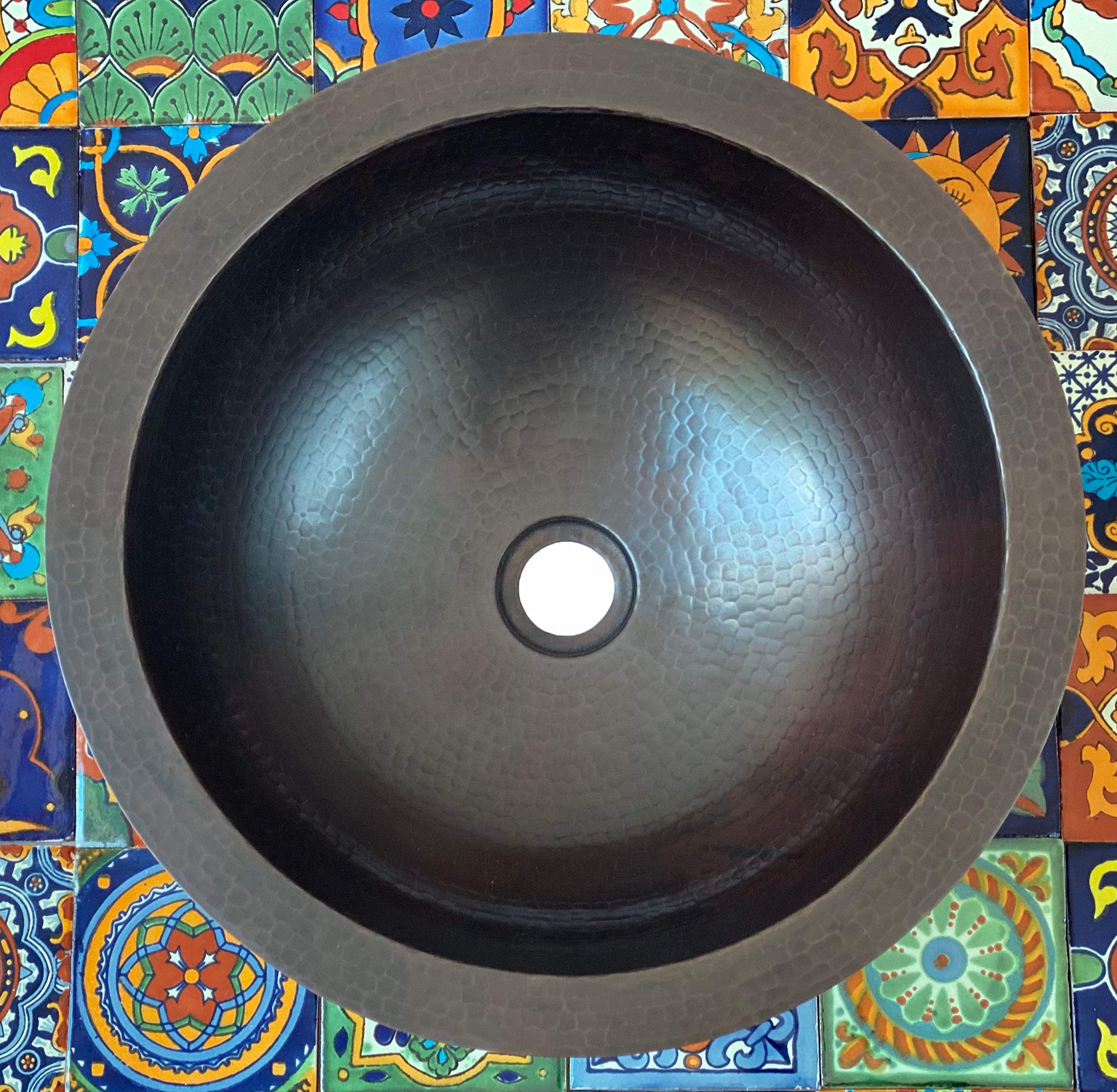 15" Round Copper Bathroom Sink Mexican Copper Bath Sink Pure Copper Hand Hammered Dual Mount Dark CPS05