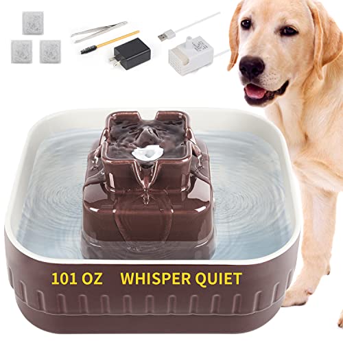 101oz/0.8Gal Ceramic Cat Water Fountain, Kastty Super Quiet Pet Water Fountain, Healthier Than Plastic Pet Fountains, Easy to Clean, with LED Light, 3 Replacement Filters and Pump Clean Tool