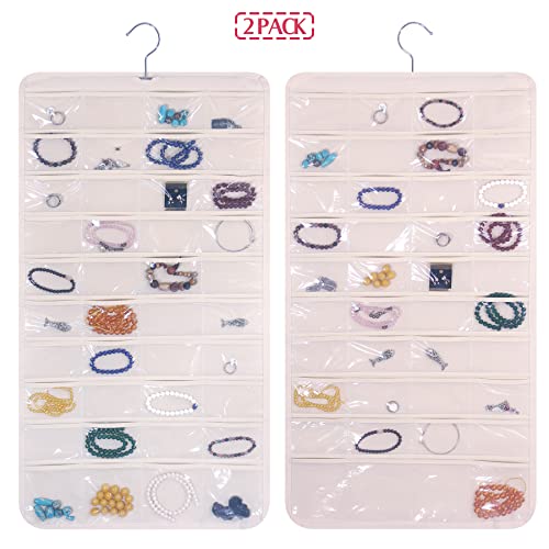 2 Pack Hanging Jewelry Organizer with 80 Pockets Jewelry Storage for Earrings Necklace Bracelet Ring Accessory, Beige