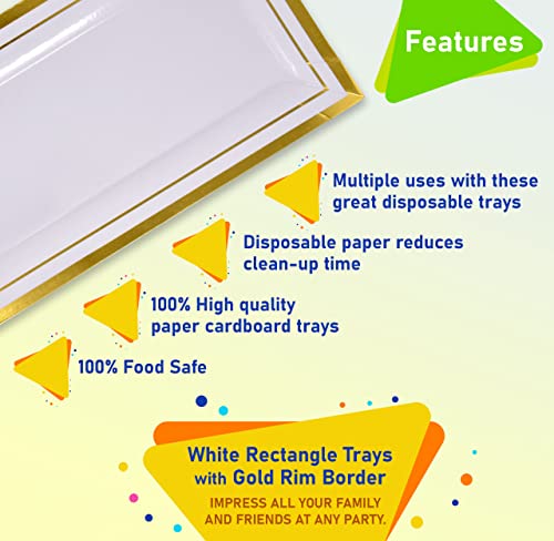 10 White Rectangle Trays with Gold Rim Border for Elegant Dessert Table Serving Parties 14" X 7.5" Heavy Duty Disposable Paper Cardboard for Platters Cupcake Display Birthday Party Weddings Food Safe