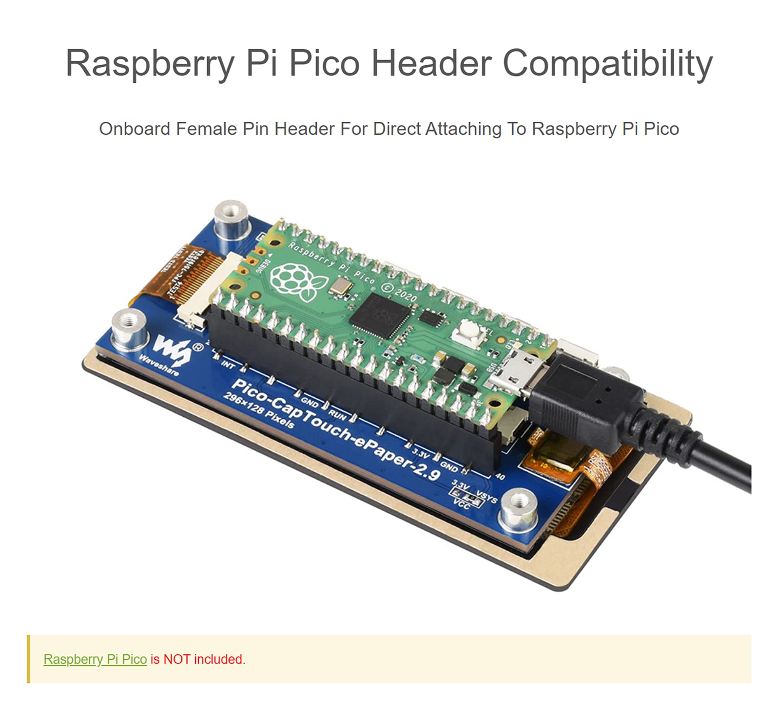 2.9 Zoll e-Paper Touch Display für Raspberry Pi Pico 296×128 E-Ink Touchscreen Anzeigemodul Zweifarbig Schwarz/Weiß 3.3V Unterstützung 5-Punkte-Touch SPI / I2C-Schnittstelle Teilaktualisierung