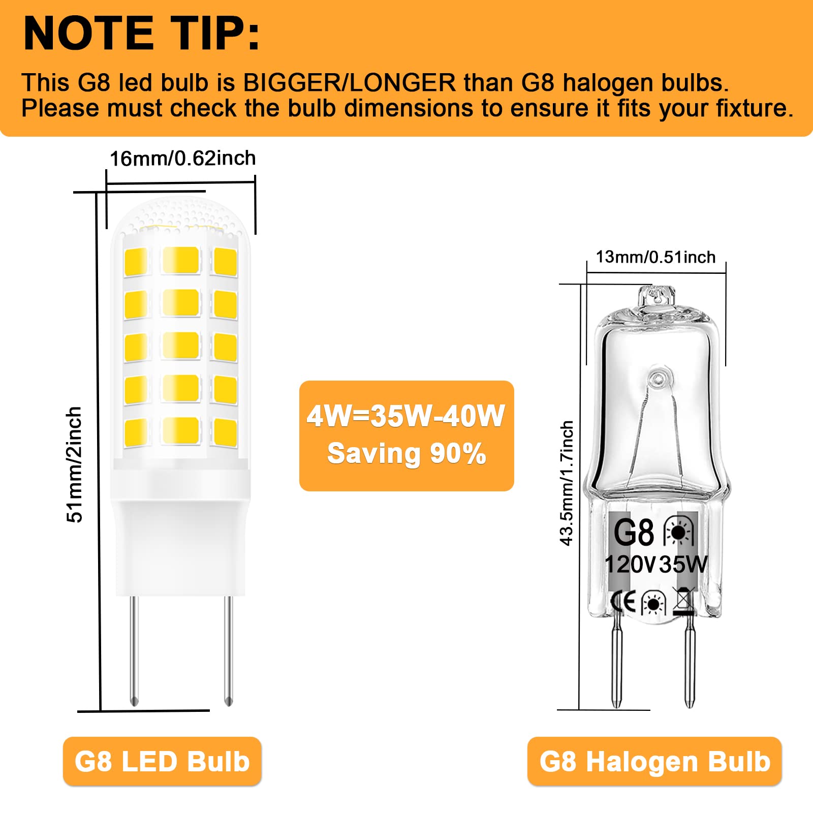 Gaormii G8 Led Bulb Dimmable, 35W Halogens Equivalent, T4 JCD Type Bi-Pin Base, 3000K Warm White G8 Bulb for Under-Cabinet Light, Under Counter Light, Under-Microwave Light, 120V 4W 360LM, 6 Pack