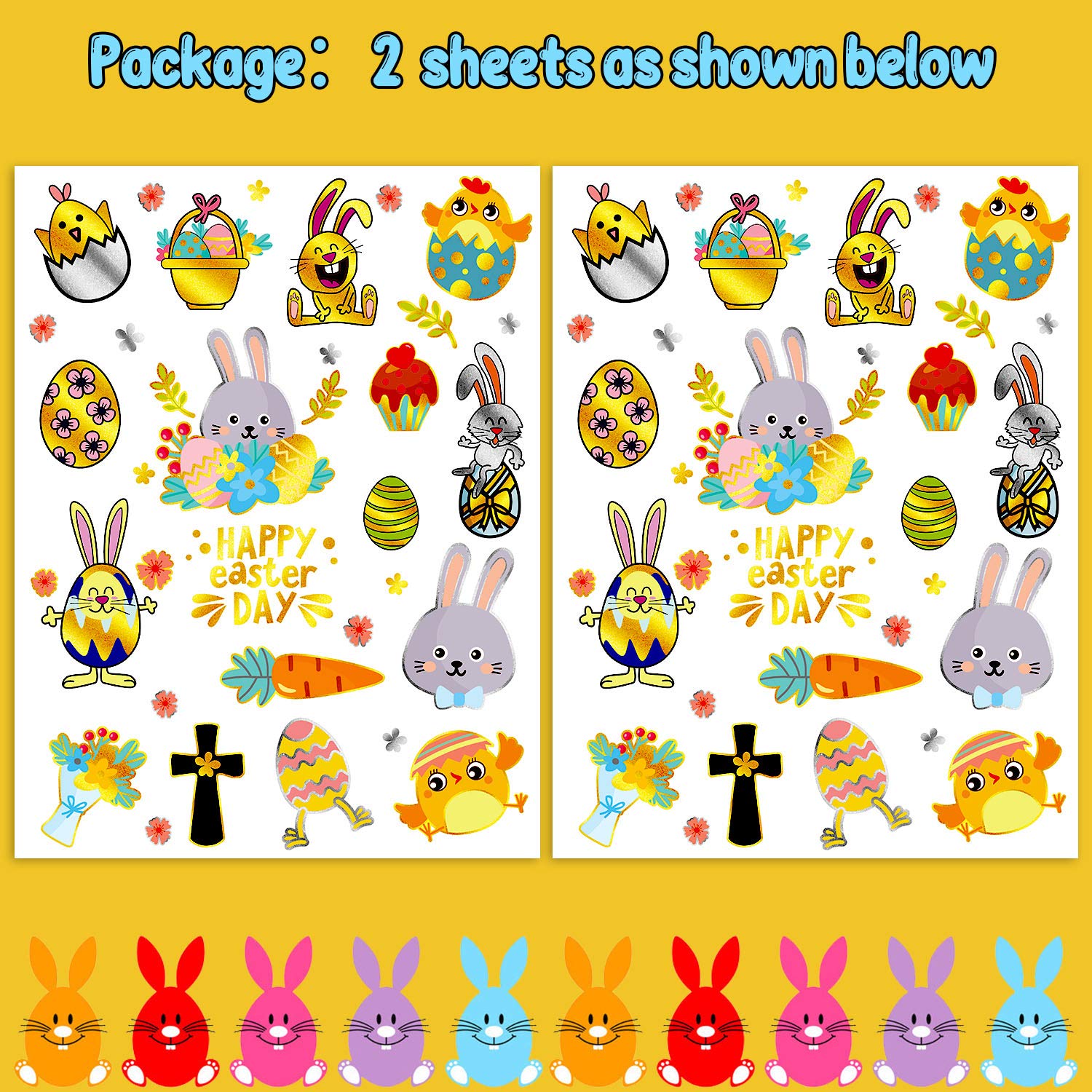 34 Metallic Glitter Styles Easter Temporary Tattoos for Kids, Easter Eggs Decorations Party Supplies Favors, Easter Tattoos Stickers for Boys and Girls (2 Sheets)