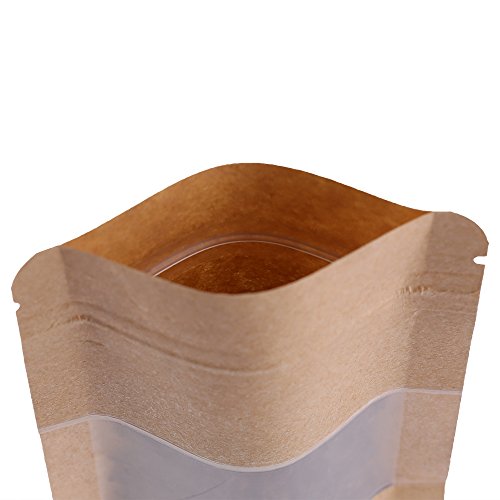 100x Brown Craft Zip Lock Stand Up Pouches w/Window 9x14cm (3.5x5.5") (Outer Size)