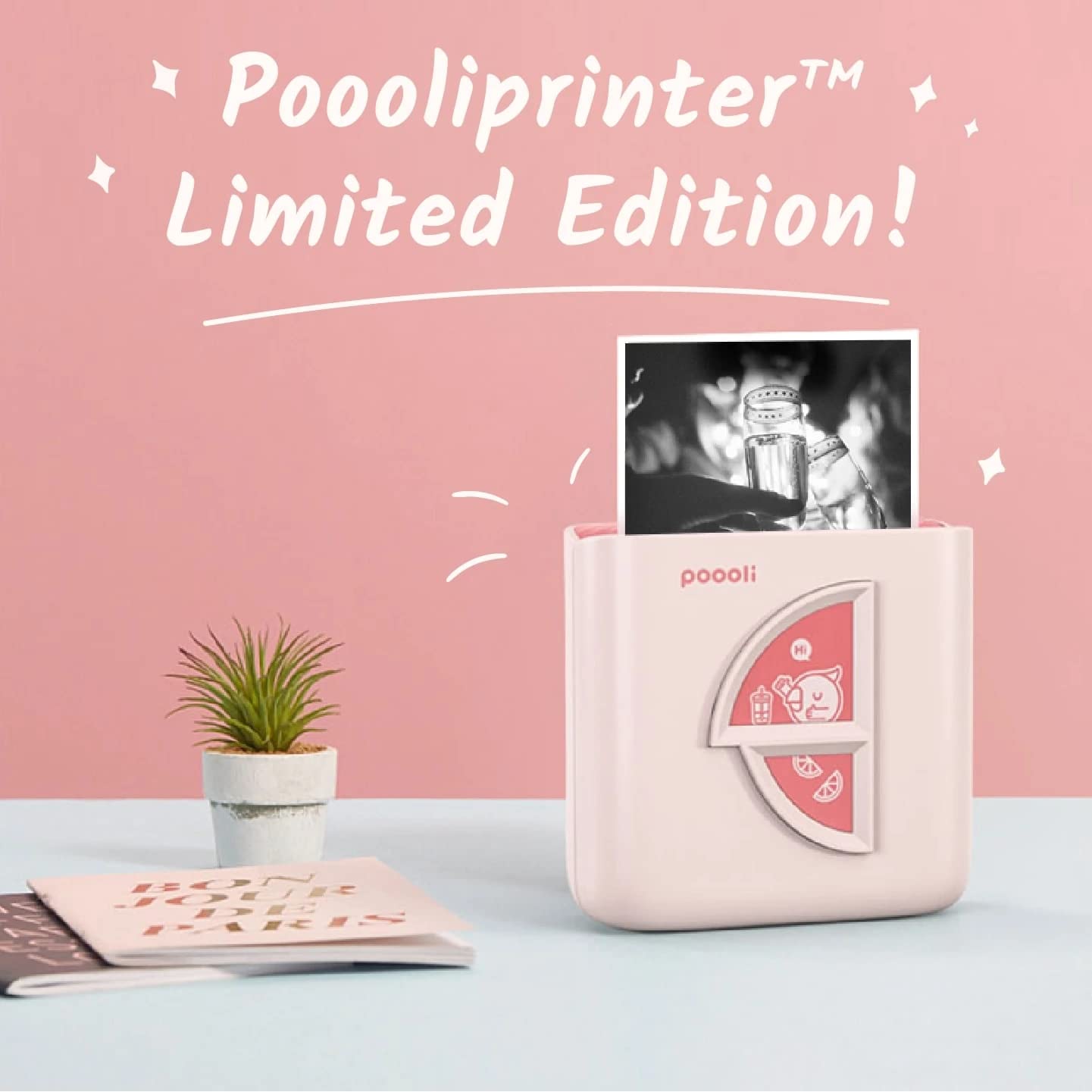 Poooliprint LE Inkless Pocket Printer - Mini Phone Bluetooth Portable Poooli Thermal Printer for iOS + Android Print Sticky Photos, Labels, Notes, Lists for Journal, Pink