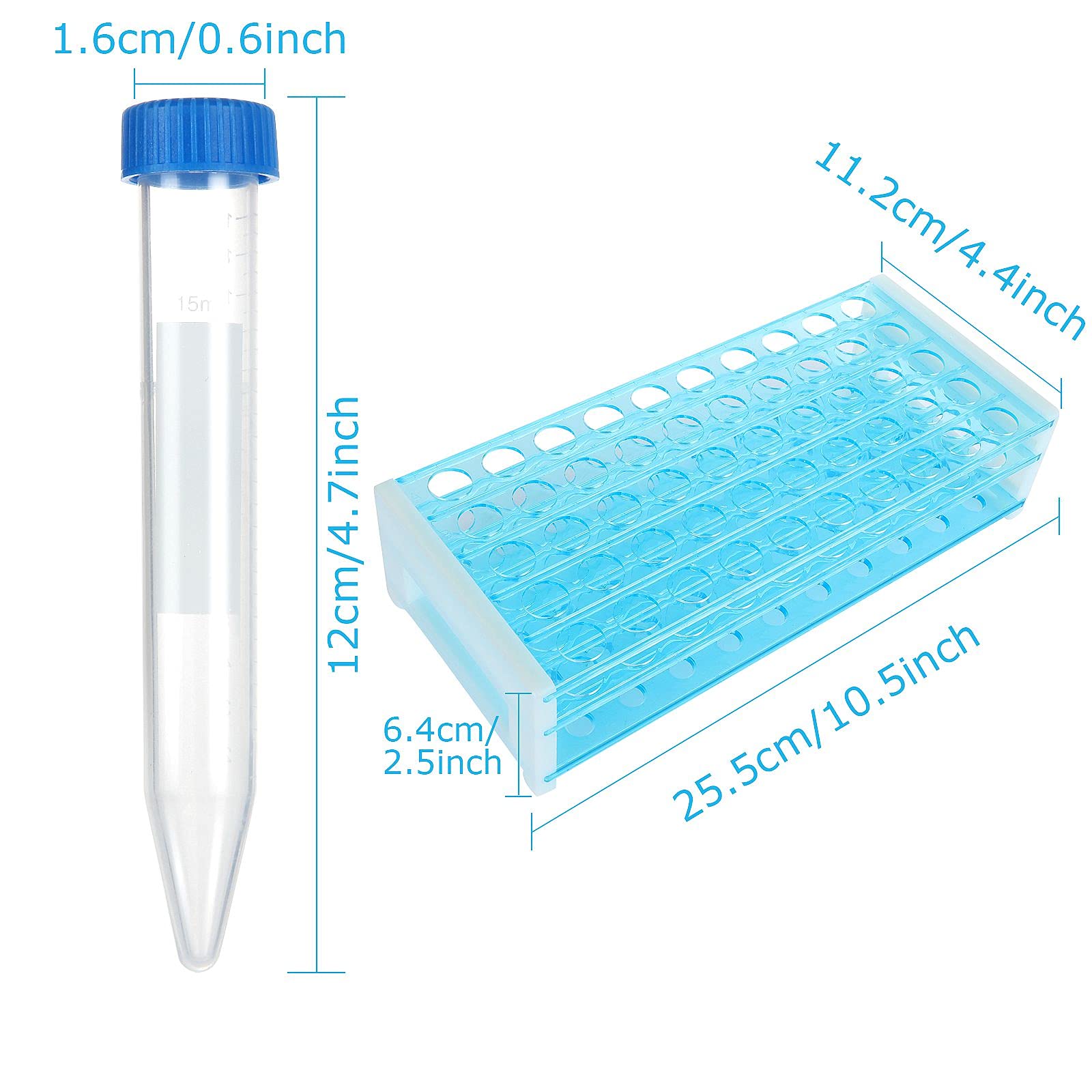 100pcs Conical Centrifuge Tubes 15mL, Clear Plastic Centrifuge Tubes with Leak-Proof Screw Caps, Plastic Graduated Lab Test Container with 2Pcs Test Tube Rack for Scientific Experiments