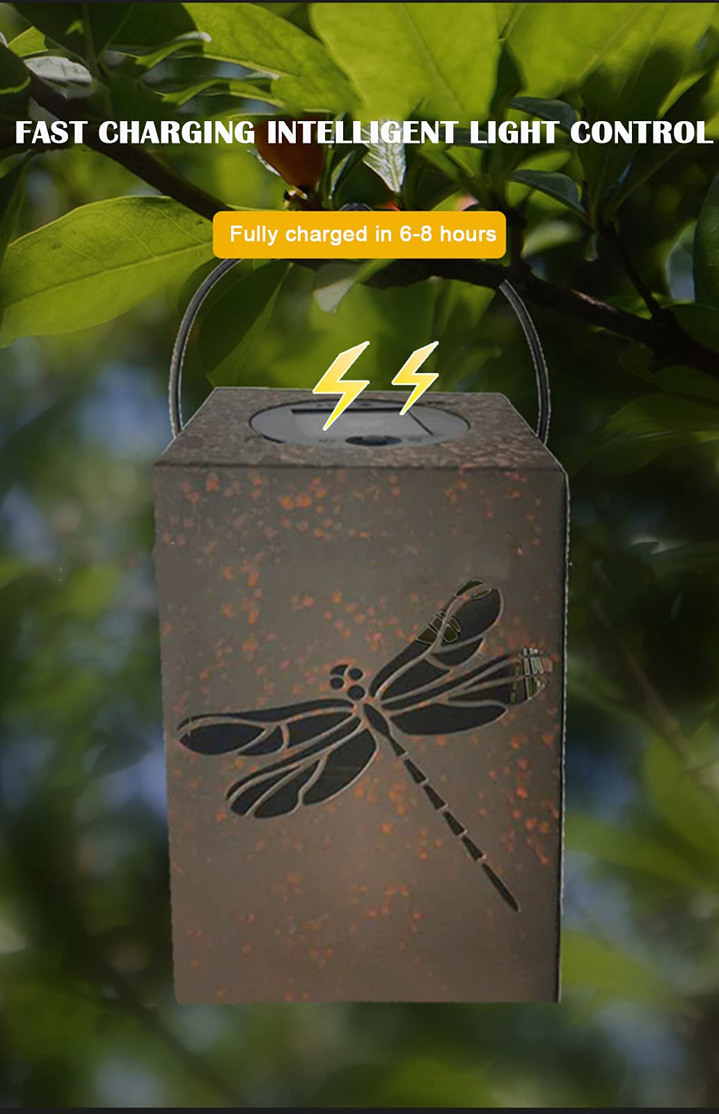 2 Pack Solar Lantern, Outdoor Hollow Dragonfly Hanging Lamp Garden Iron Lawn Projection Lamp, Waterproof Led Flashing Flameless Candlestick Task Lamp, Used for Porch Courtyard Lawn Passage