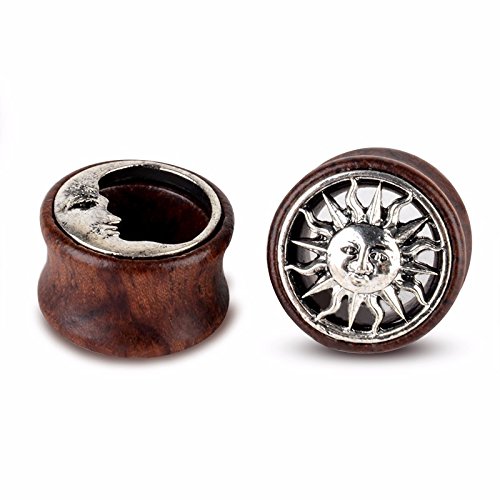 1/2" 12mm Tribal Sun & Moon Organic Wood Flesh Tunnel Double Flared Ear Gauge Stretcher Saddle Plug