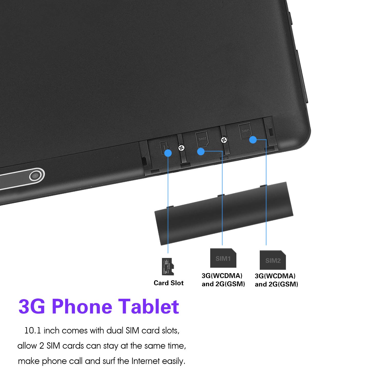 10 inch Android 9.0 Tablet Pad Dual SIM Card Slot 2.5D Curved Glass Touch Screen 4GB RAM 64GB ROM 3G Phablet Built-in Bluetooth WiFi GPS Tablets (Metallic Black)