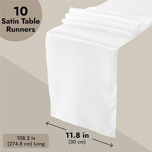 10-Pack White Satin Table Runners for Rectangular and Round Tables, Weddings, Baby Showers, Birthday Parties, Banquets, Events Decorations (White, 108.2x11.8 in)