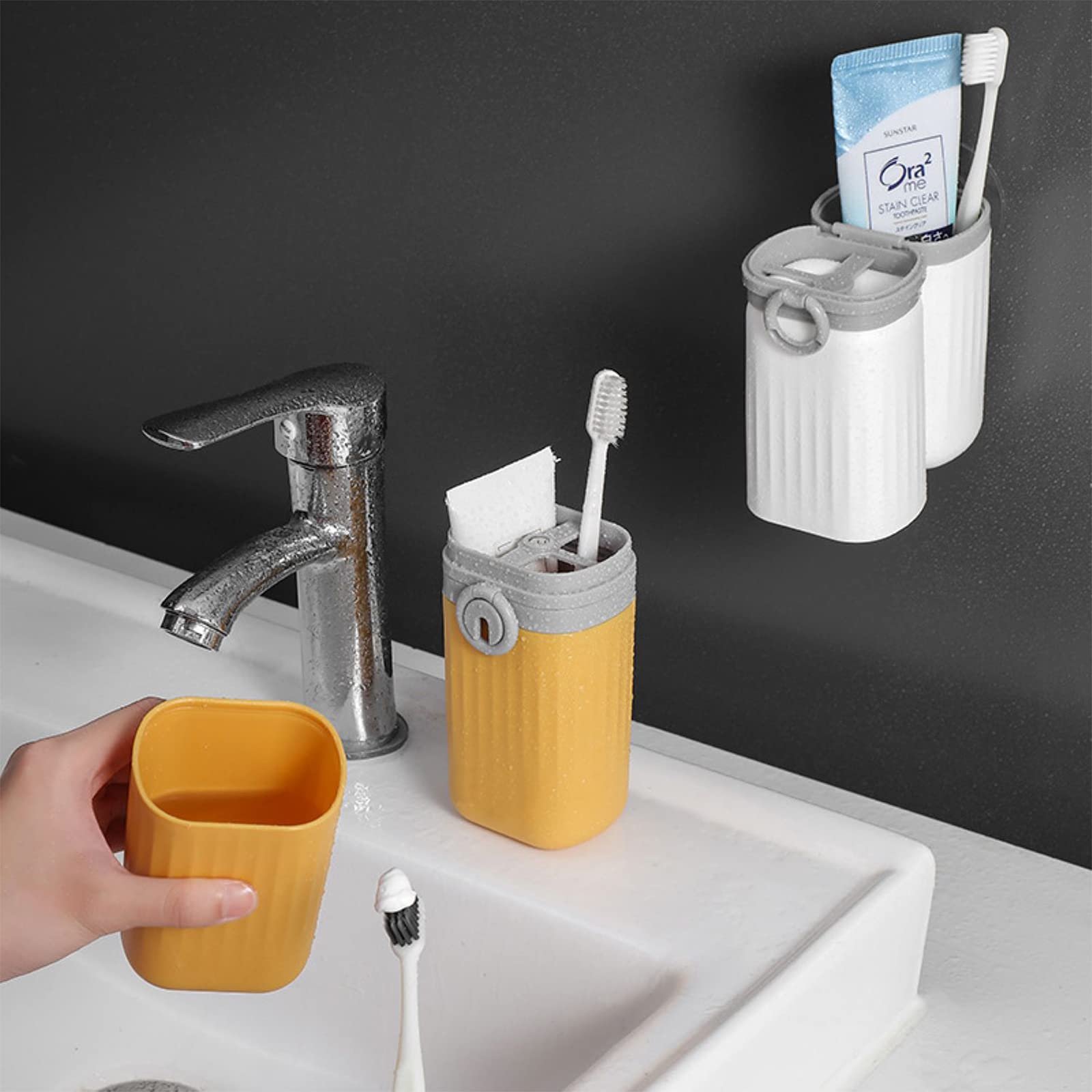 Travel Toothbrush Case, Multifuction Wall Mounted Toothbrush cup,Portable Toothbrush Holder for Travel,Camping,School,Home(Yellow)