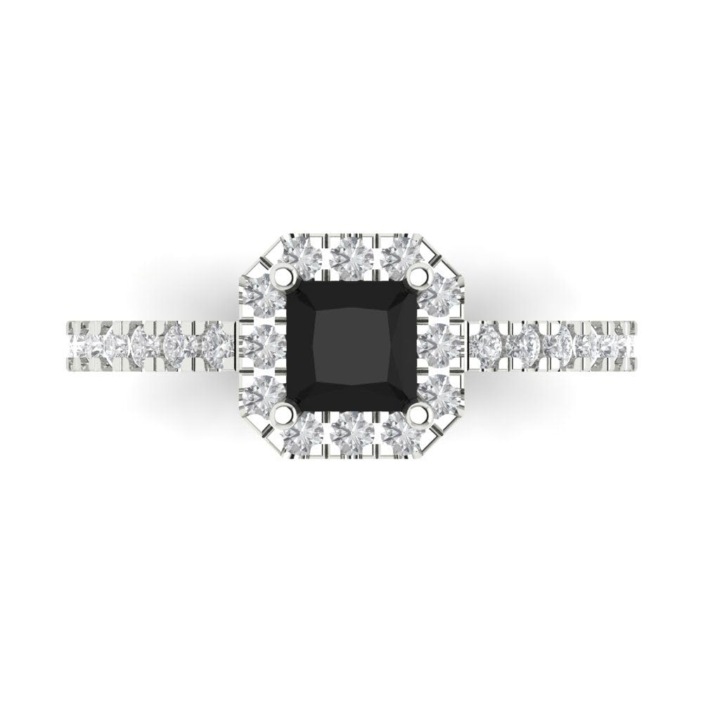 1.34ct Princess Cut Solitaire with accent Black Onyx Designer Wedding Bridal art deco Anniversary Ring 14k White Gold 7.25