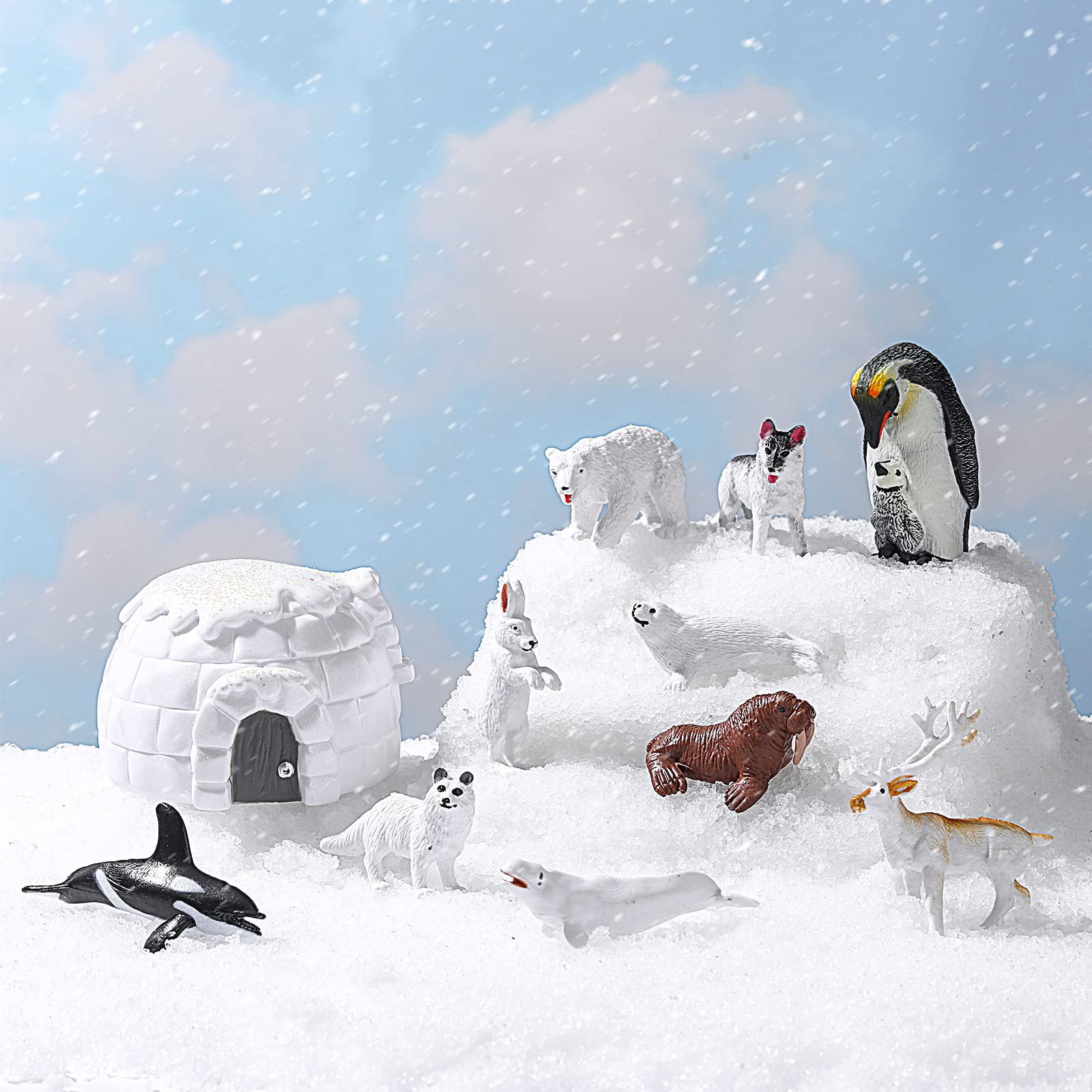 11 Pcs Polar Animals Figurines with Realistic Glowing Igloo Plastic Animal Models Mini Animals Figures Play Figure Playsets Arctic Sea Figurines Toys Cake Topper Toy Gift for Birthday Baby Shower