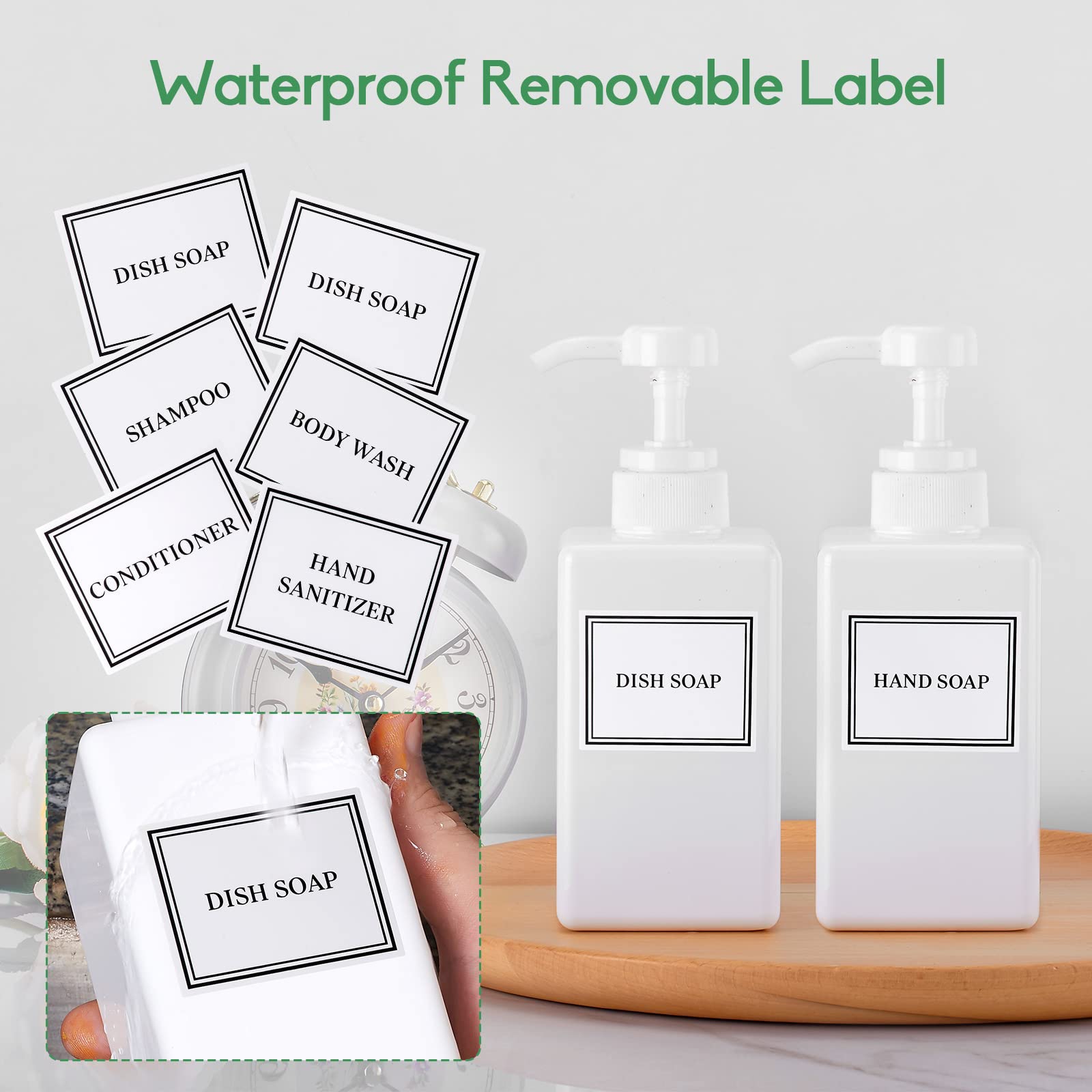 15oz Pump Dispenser for Bathroom, INSFIT Refillable Plastic Pump Bottles, Dish Soap Dispenser for Kitchen Sink, Hand Soap Dispenser, Laundry Detergent Dispenser with Waterproof Labels, 2 Pack White