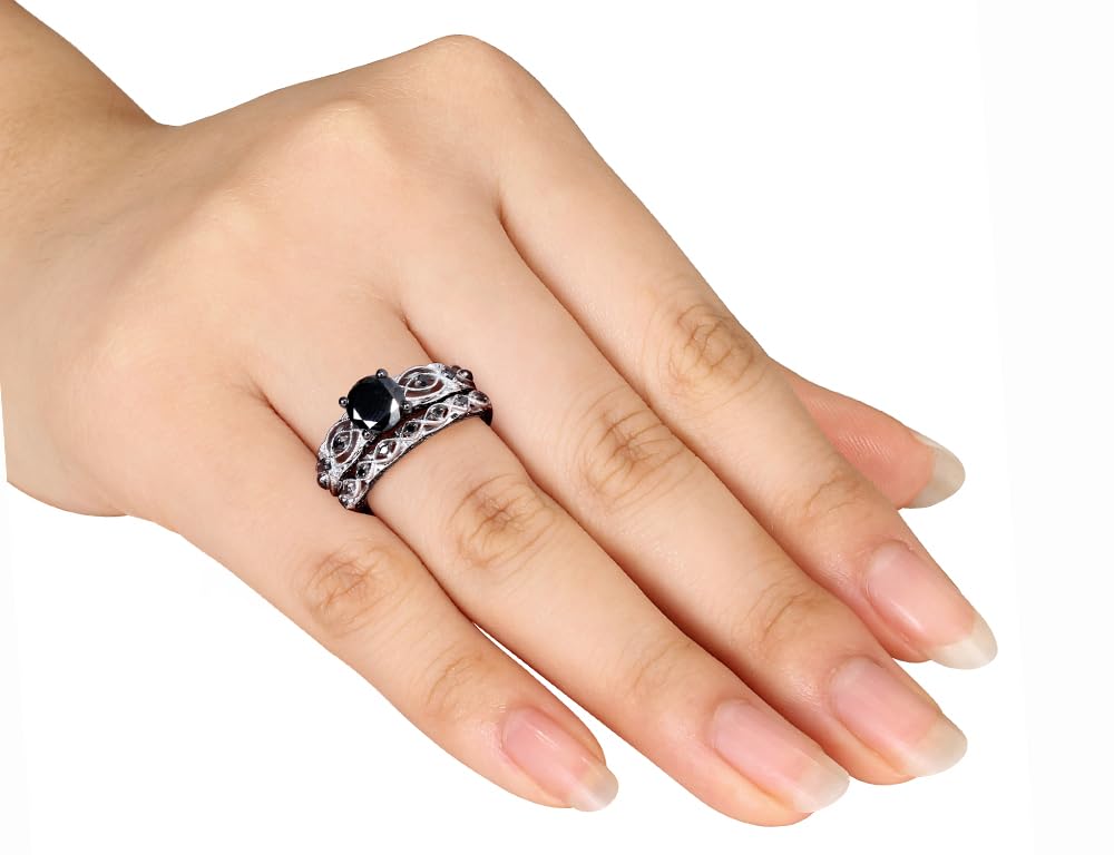 1.39 Carat (ctw) Black Diamond Engagement Ring and Wedding Band Set in 10K White Gold