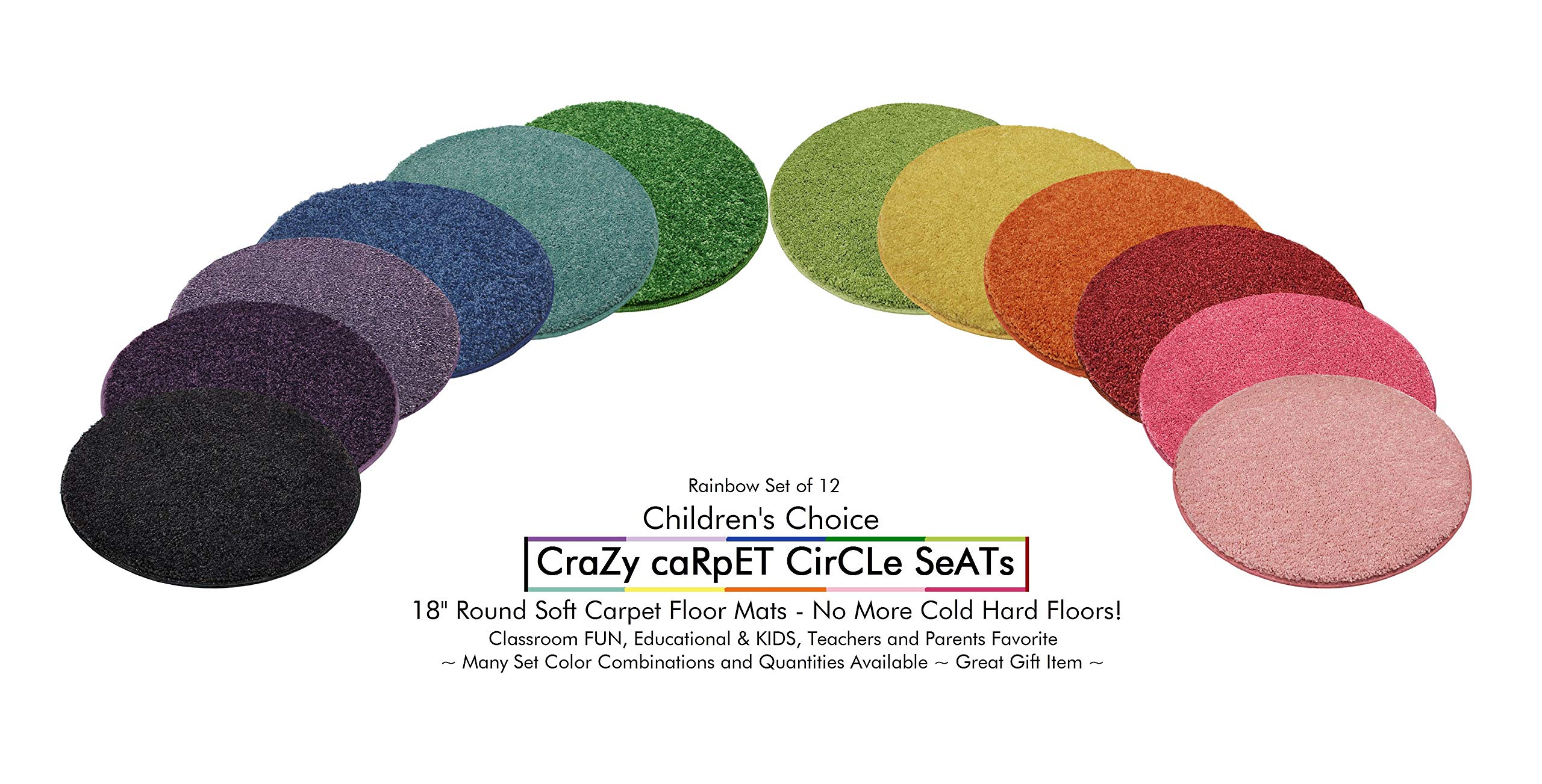 12 Rainbow Kids Crazy Carpet Circle Seats 18” Round Soft Warm Floor Mat - Cushions | Classroom, Story Time, Group Activity, Time-Out Spot Marker and Fun. Home Bedroom & Play Areas - USA Made