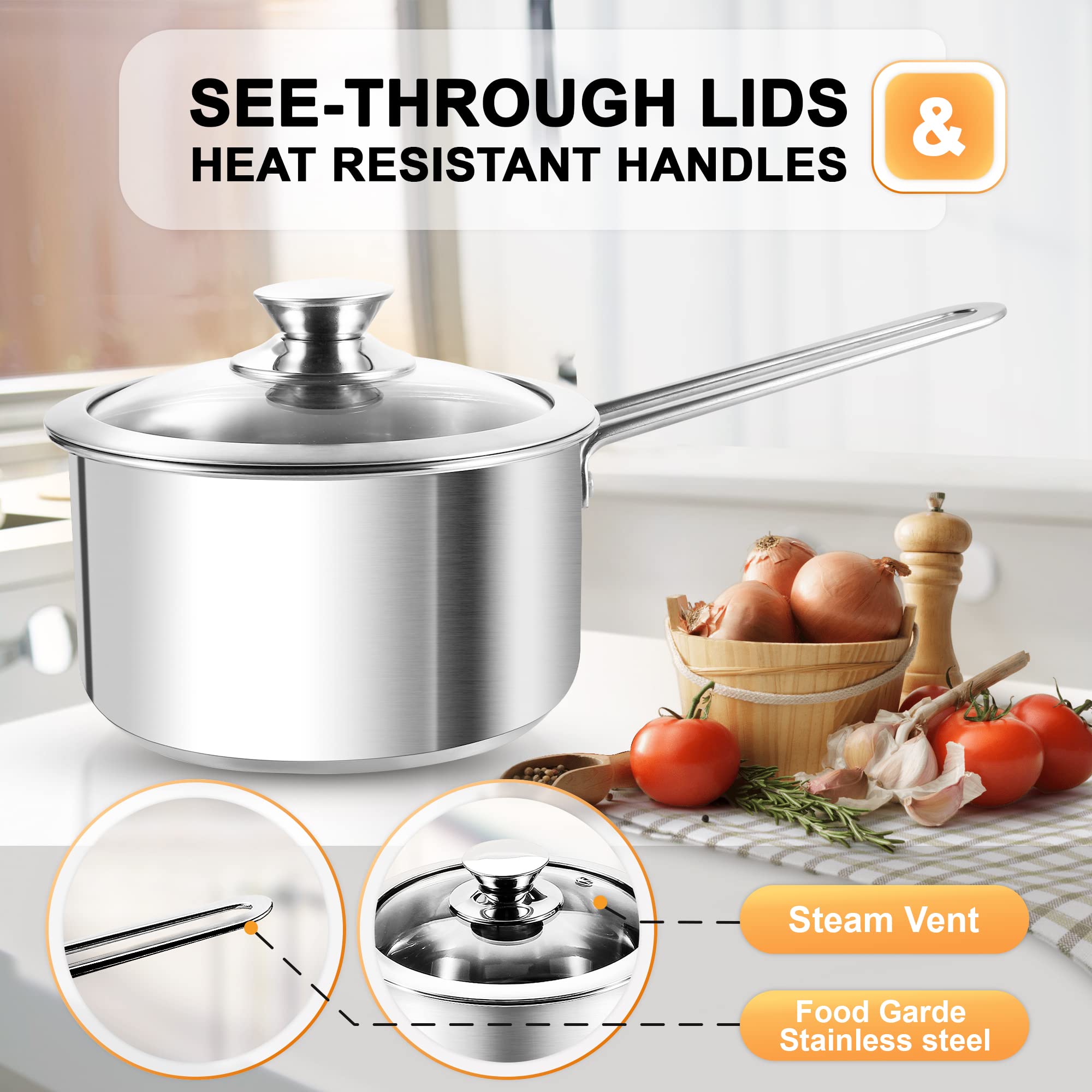 10-Piece Stainless Steel Pots and Pans Set, Kitchen Cookware Sets, Induction Pots and Pans, Cooking Set with Glass Lids, Frying Pans & Saucepan Compatible with All Stovetops