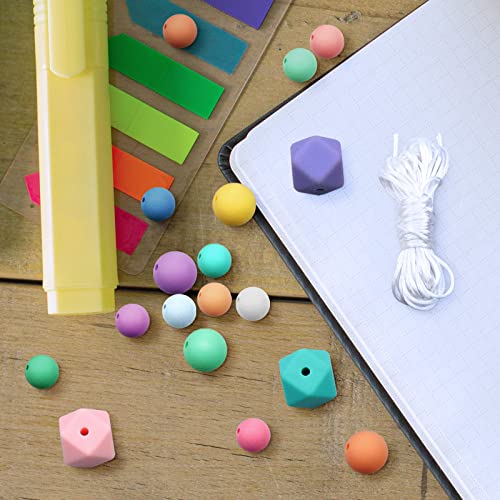 101 PCS Silicone Beads, Silicone Loose Beads for Keychain Making Round Rubber Beads Polygonal Silicone Beads Colorful Silicone Loose Pearl Beads with Rope for DIY Necklace Bracelet Jewelry Crafts