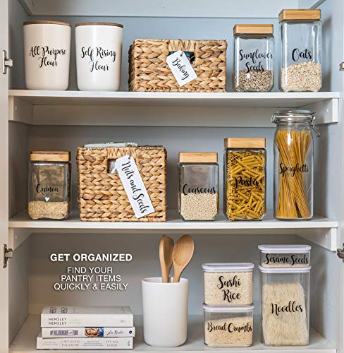 106 Pantry Labels Stickers by 7 Ruby Road for Kitchen Organization and Storage. Clear Water Resistant, Farmhouse Cursive Script for Food Canisters, Containers, Mason Jars for flour, sugar, coffee