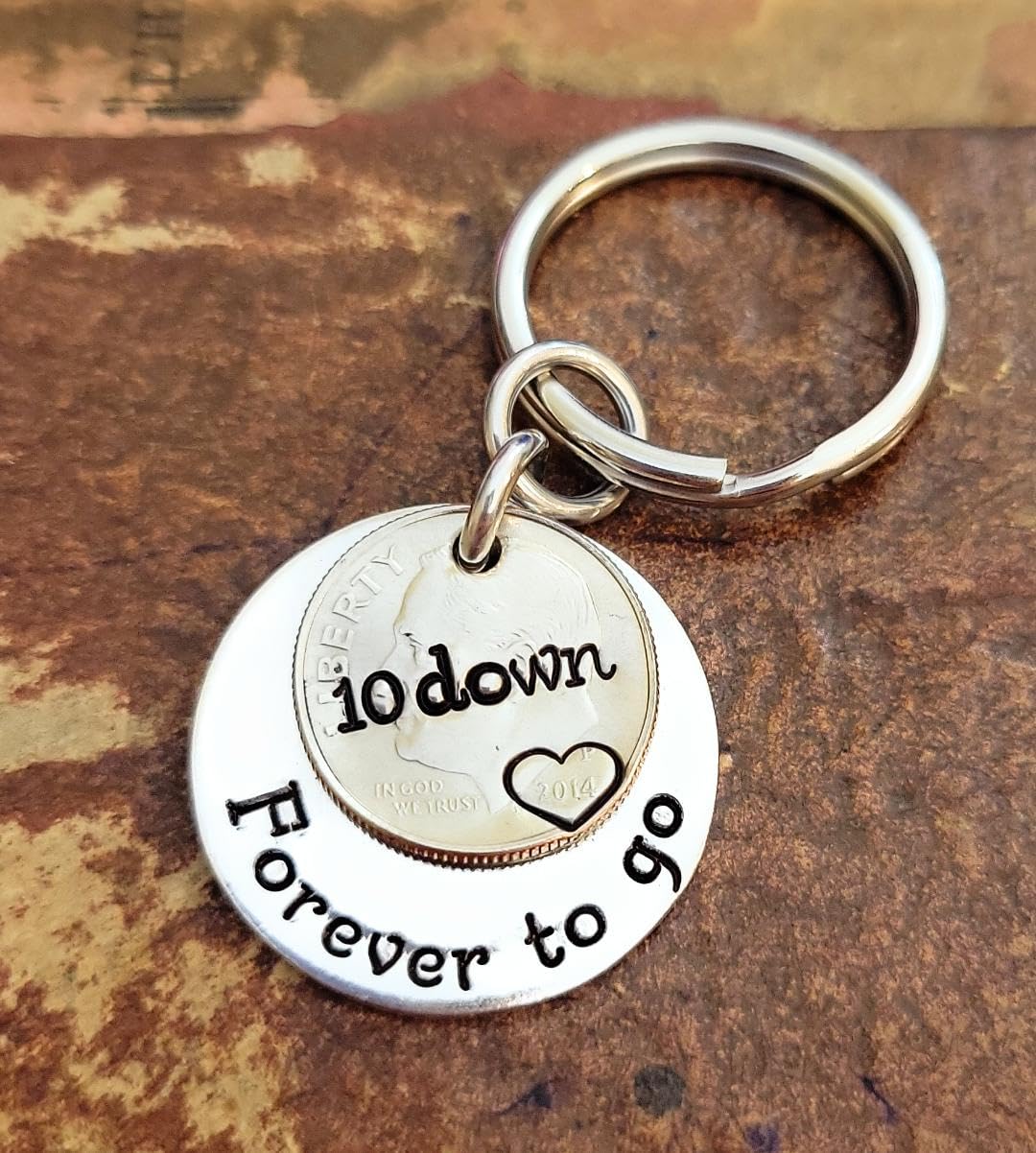 10 Down and Forever To Go 10th Year Anniversary Gift Key Chain with a 2014 Dime and Silver Aluminum Charm