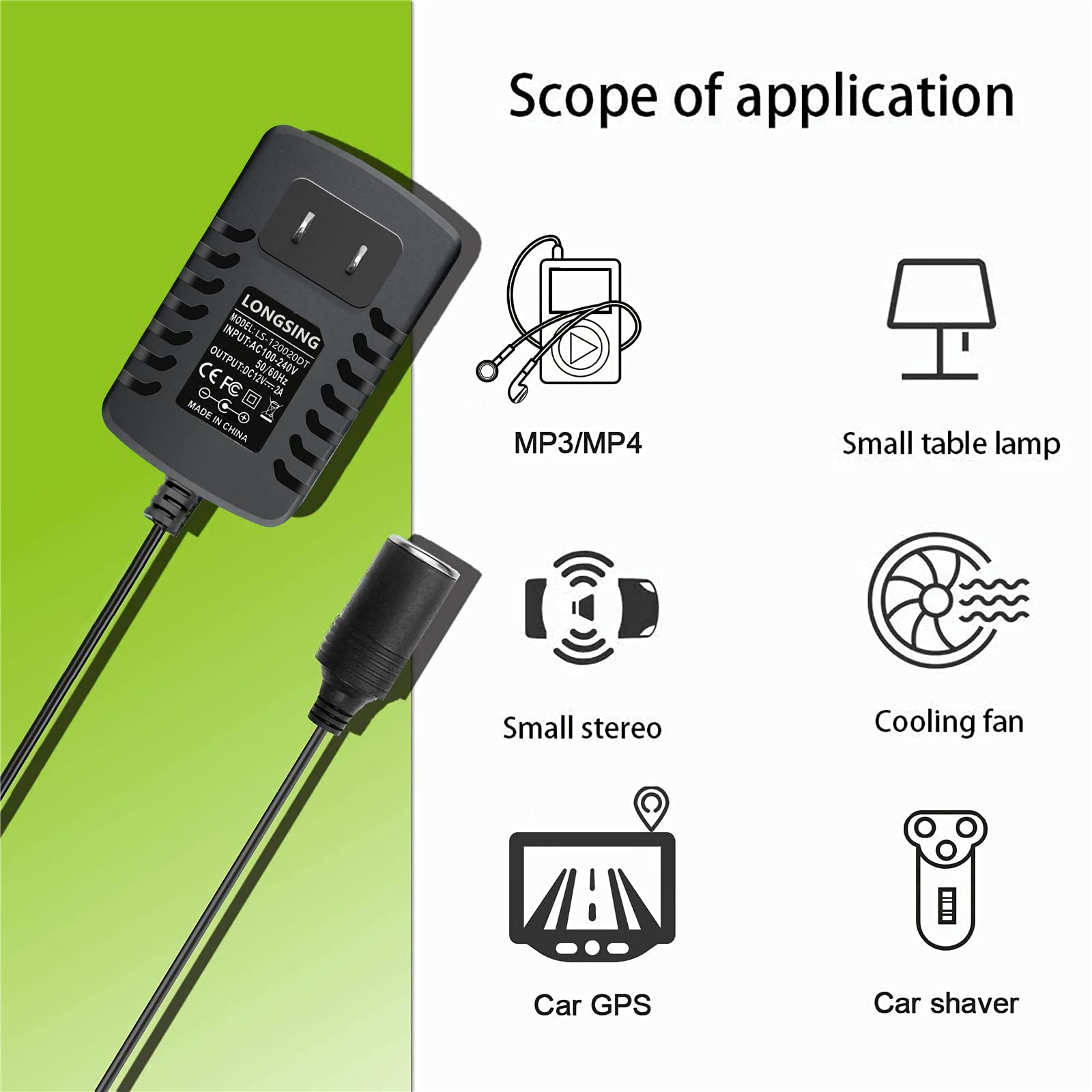 12V Power Supply AC to DC Converter Wall Plug to Car Cigarette Lighter Power Adapter, 110V-240V to 12V Current 2A Max Power 24W Max for Car Shaver Camera Speaker Echo at Home and Hotel, etc