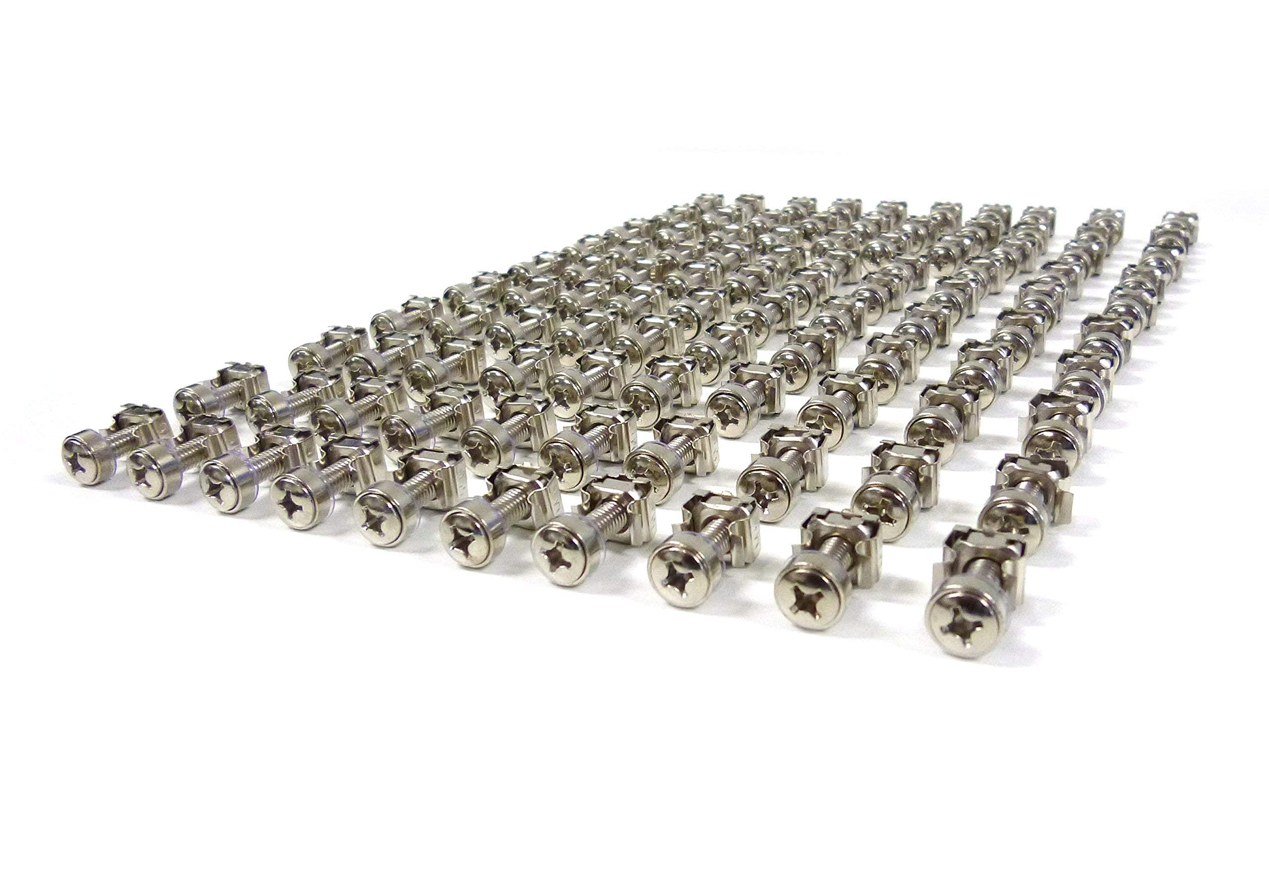 100 Pack of Nickel-plated Cage Nuts with Screws and washers. Works with Racks from Dell, HP, APC and Many Others