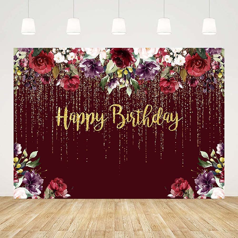 ABLIN 7x5ft Gold Happy Birthday Burgundy Backdrop Woman Girl Burgundy Red Purple Flowers Photo Background Dripping Beads Floral Party Decorations Cake Table Banner Supplies