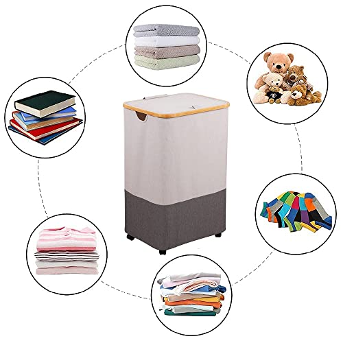 105L Laundry Basket with Wheels β Foldable Laundry basket with Bamboo Handles, Grey Dirty Clothes Hamper with wheels for Bathroom, Bedroom, Room, Closet, Hampers for Laundry, Toys, Clothing