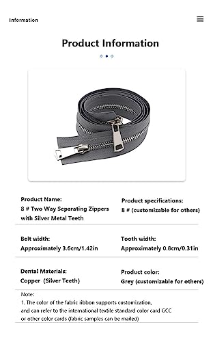 1PCS #8 30inch Two Way Separating Zippers(Open-end Zipper) for Jackets Sewing Coats Crafts,Silver Metal Teeth(Grey Belt-30in 1PCS)