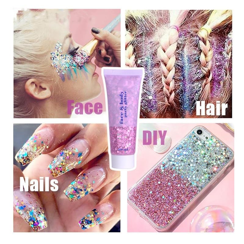 2 Colors Body Glitter Gel, Face Glitter Body Gel Sequins Shimmer Liquid Eyeshadow, Holographic Glitter Gel Festival Glitter Makeup.(03#Pink+06White)