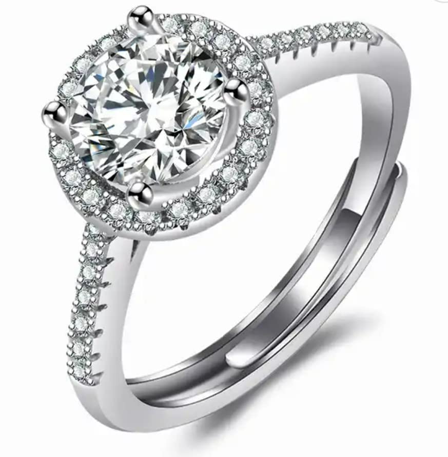 1-2Ct Moissanite Engagement Ring, 925 Sterling Silver, Adjustable Round Cut with Side Stones ring for Engagement and Wedding with Jewelry Box (adjustable)