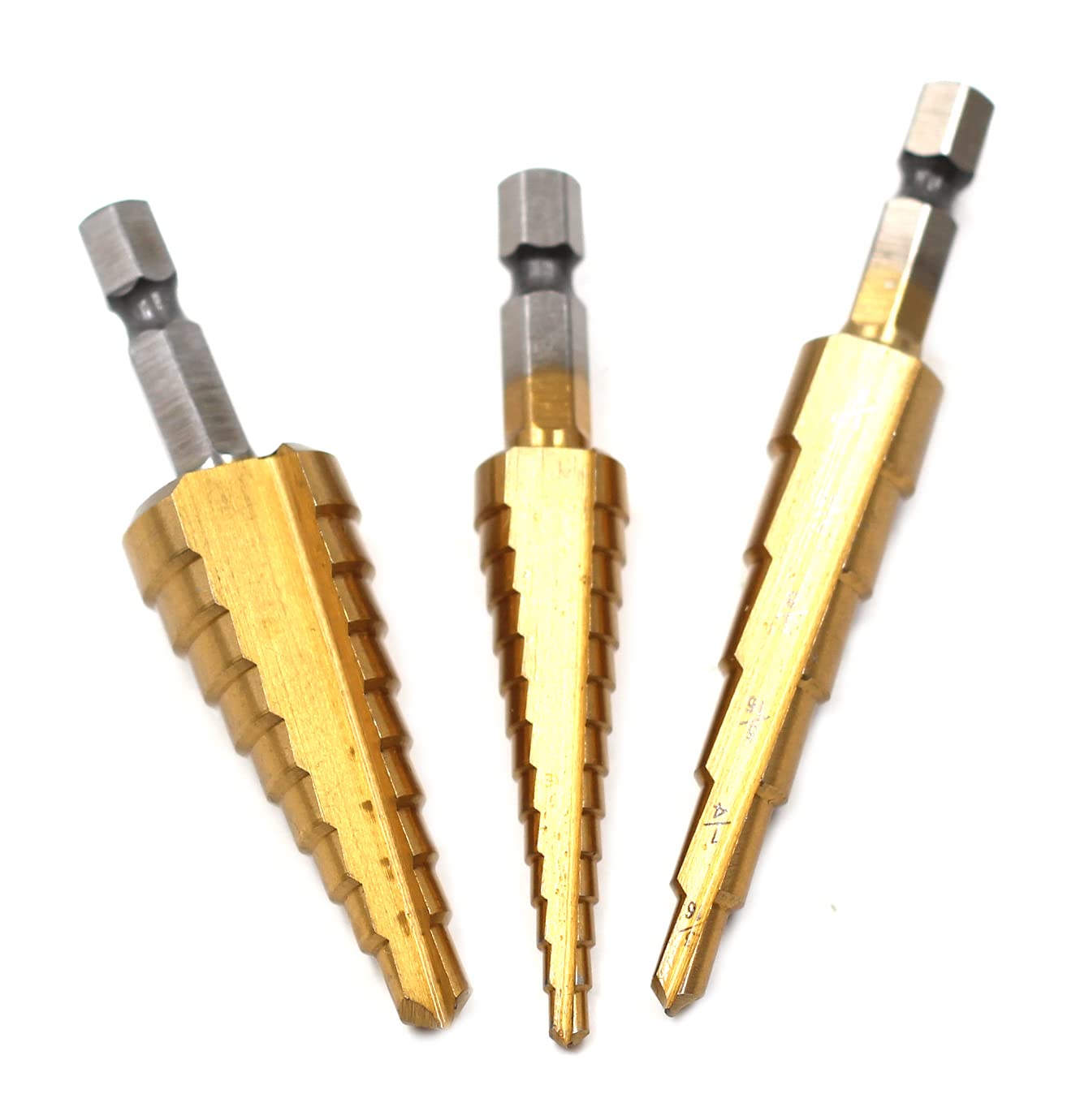 1/4" Hex Shank Titanium Coated HSS 4241 Uni Bit Multi-Size Step Drill Bit Set for Woodworking Quick and Easy Hole Drilling, 3 Pics, 3/16" -1/2",1/4"-3/4",1/8"-1/2"