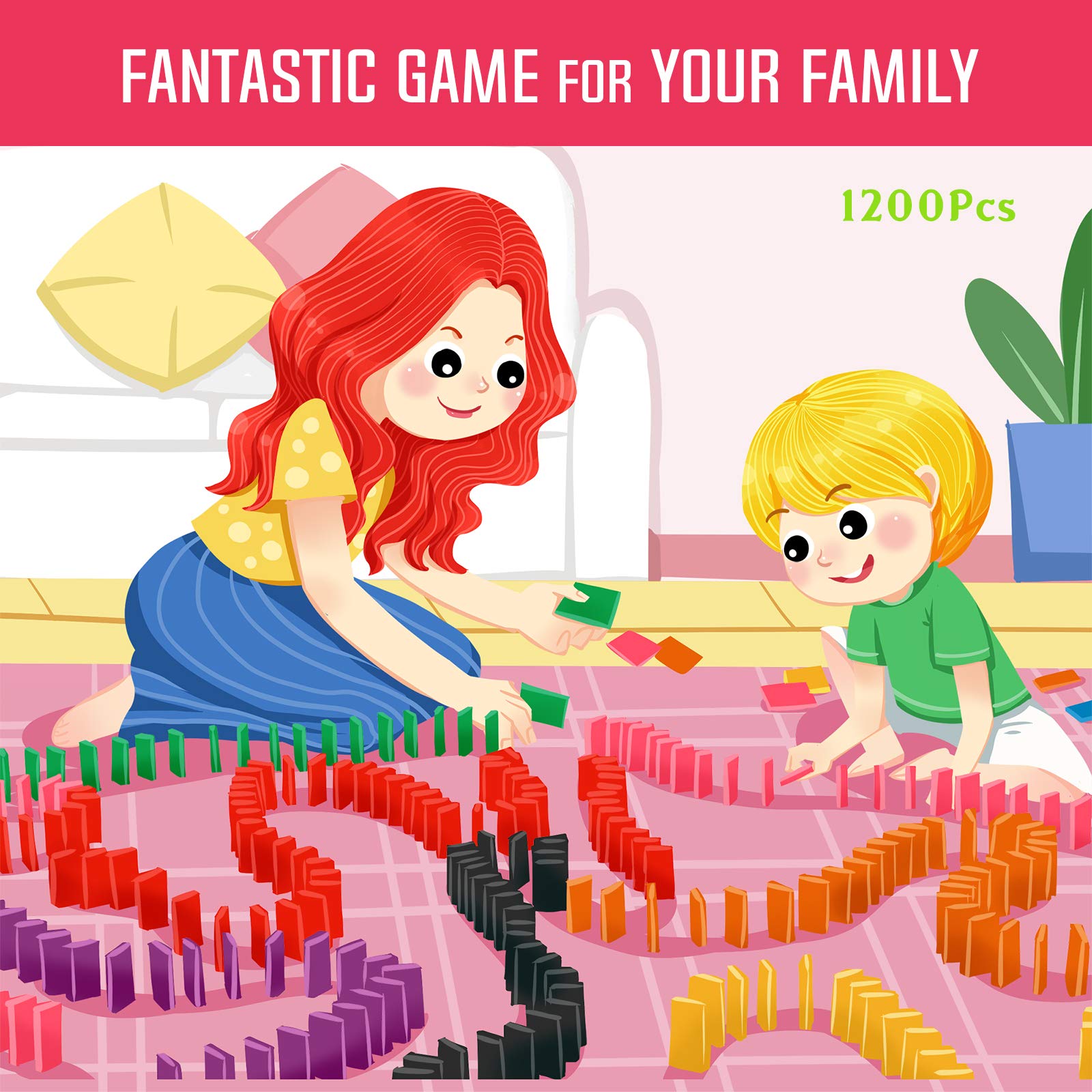1200 Piece Dominoes Set for Kids, Colorful Dominos Tiles for Building, Stacking, Racing, Tumbling, Wood Domino with Box, Educational Toy