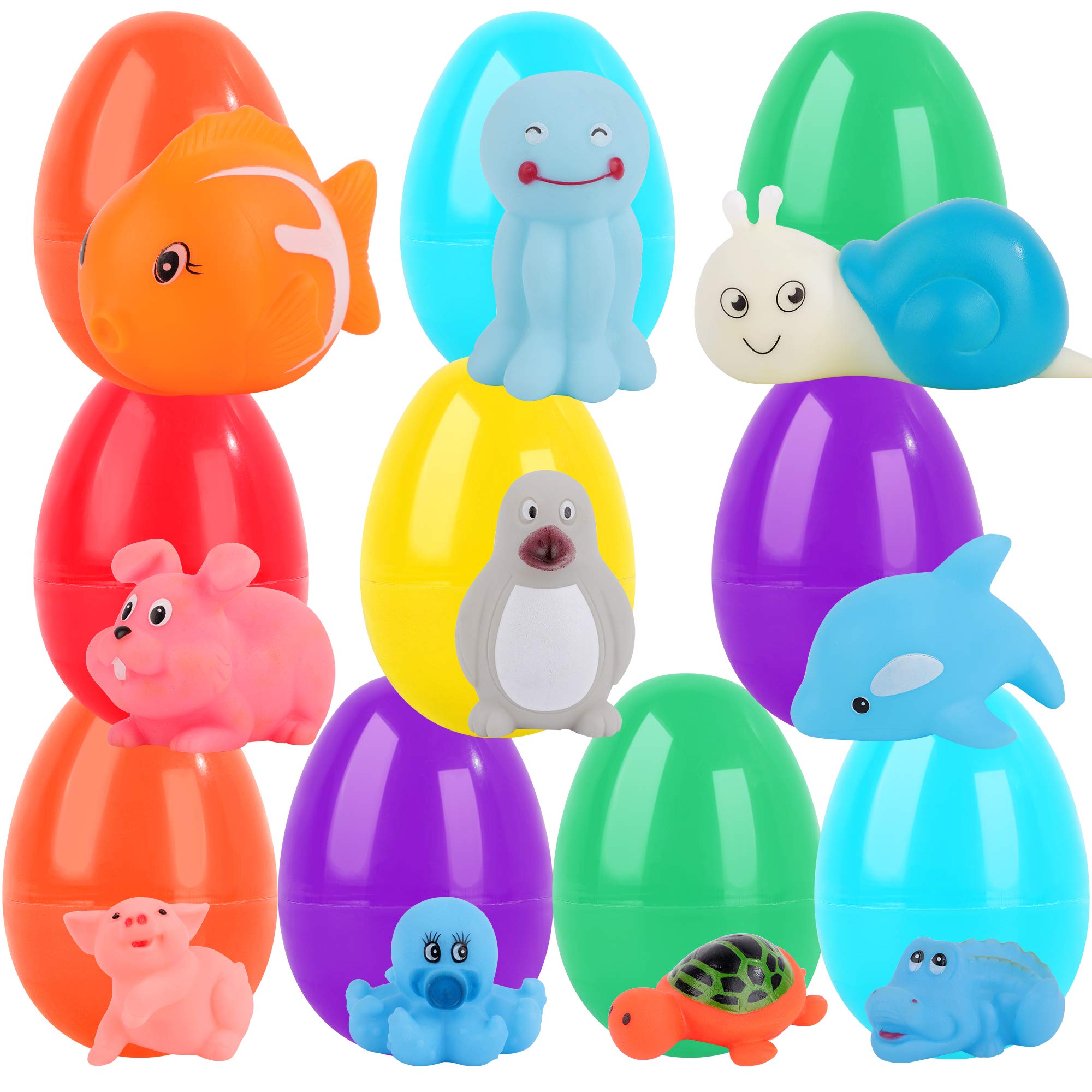 10 Packs Jumbo Size Easter Eggs (3.9'') with 10 Packs Assorted Animal Squirters for Kids Easter Egg Hunt Games, Bath Water Toys For Easter Basket Stuffers, Carnivals School Supplies and Gift Exchange