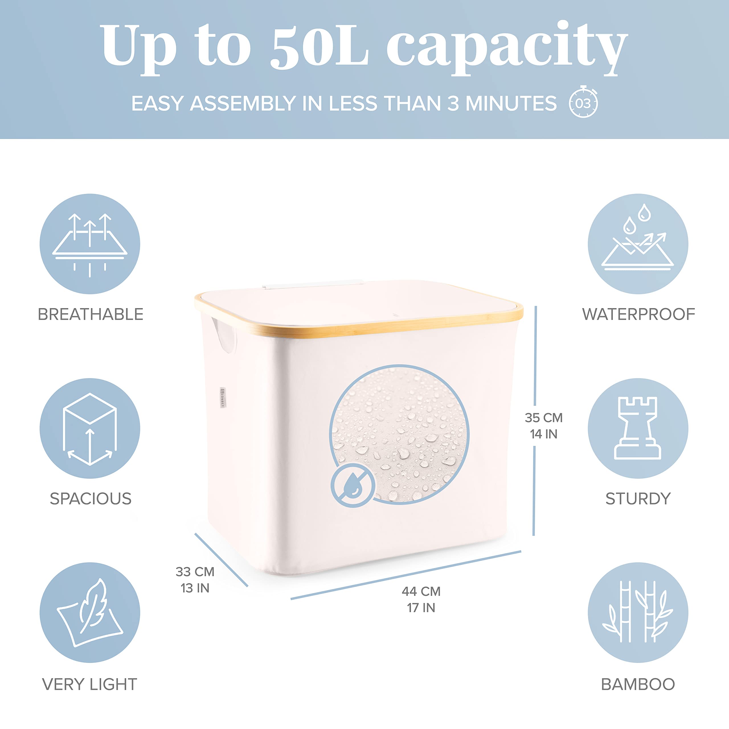 Lonbet - Small Laundry Hamper With Lid Cover - Bamboo Laundry Basket Organizer - Lightweight Collapsible Clothes Fabric Bin - Easy and Efficient Sorting - Removable Bags - 13.2 Gal (1-2 Loads) - Beige