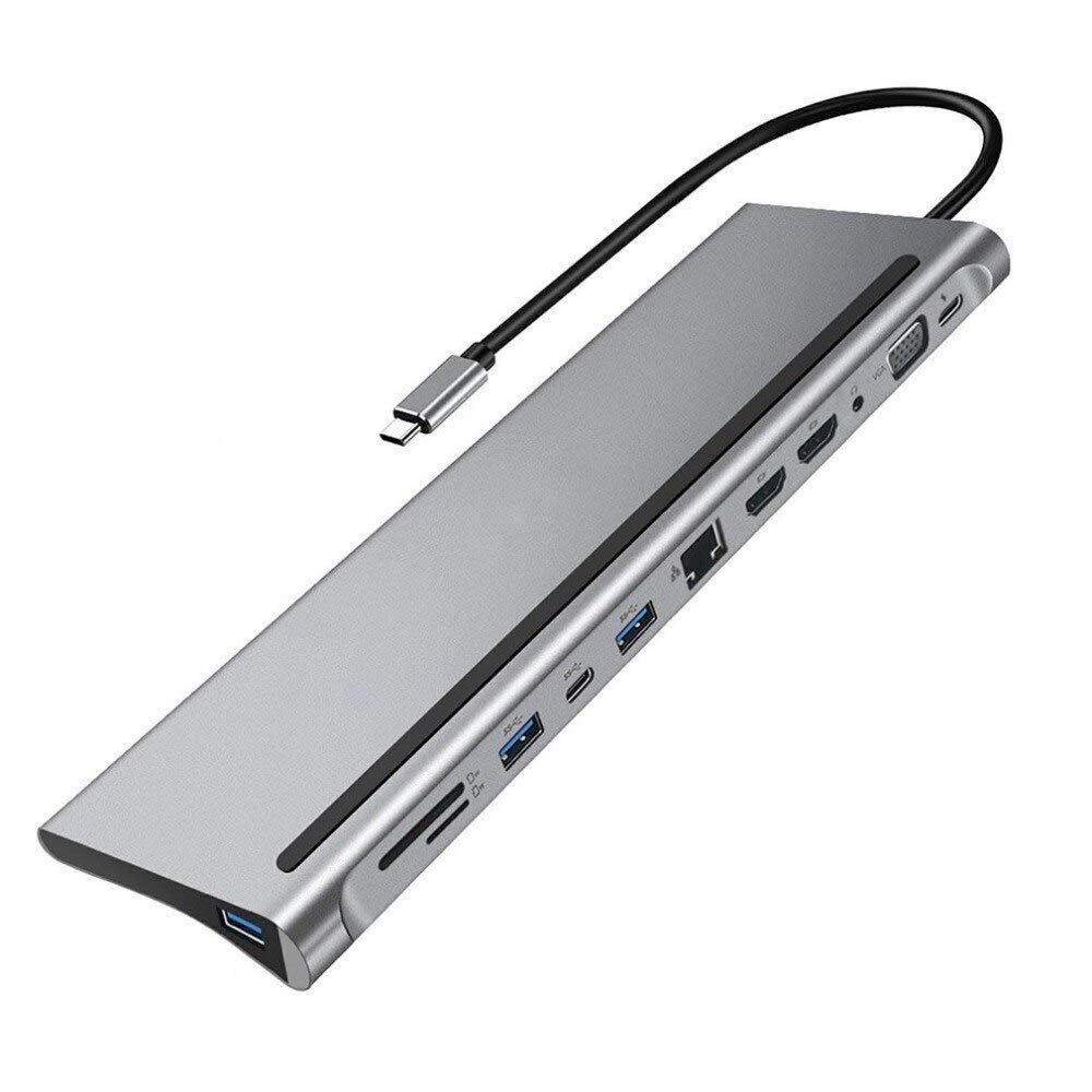 12-in-1 Type-c hub Docking Station with rj45 LAN 4k hdmi USB 3.0 3.5mm Audio Port pd Charge