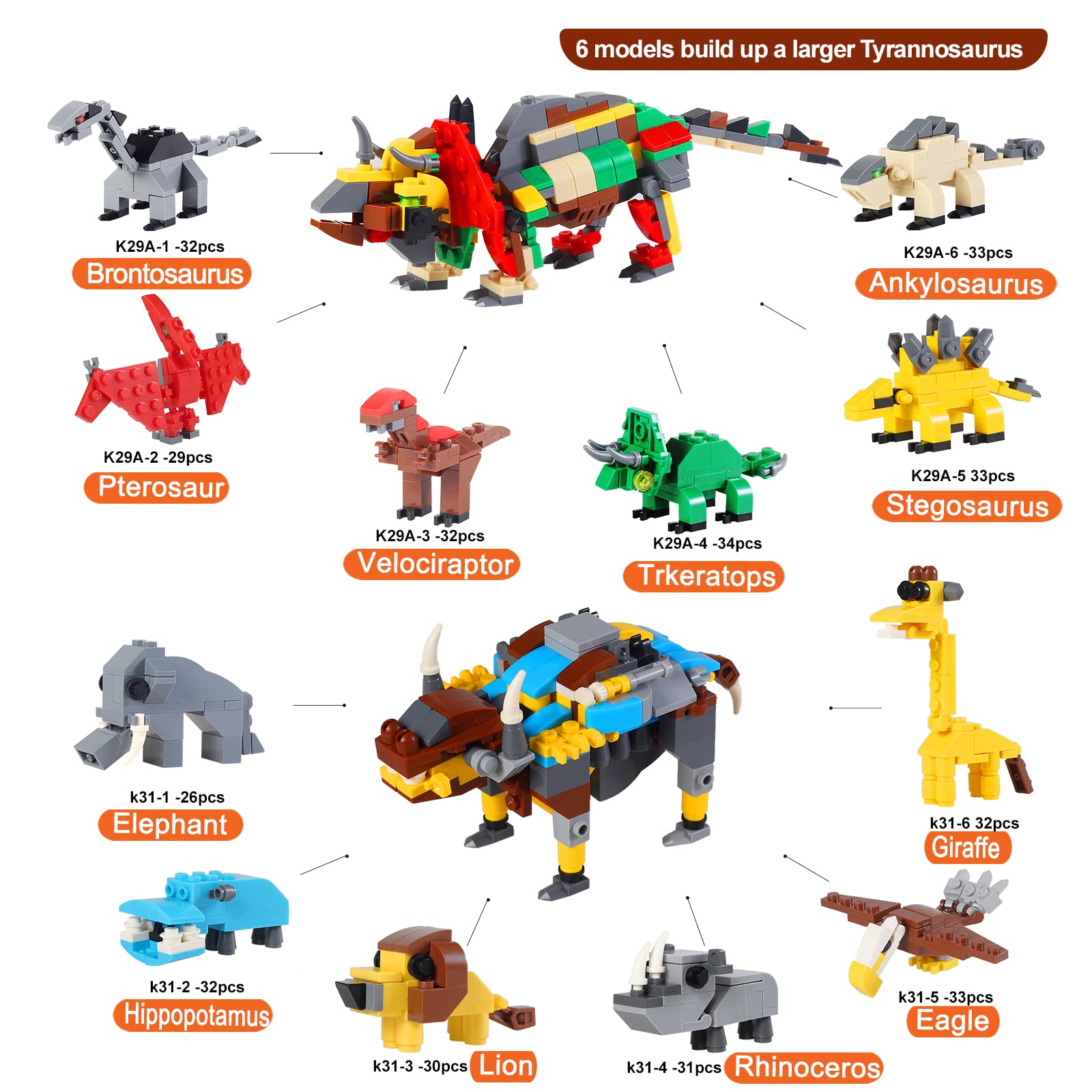 12 Pcs Pre Filled Easter Eggs with Jungle Animals Dinosaurs Building Blocks, 3.25" Eggs for Easter Basket Stuffers, Easter Party Favors, Easter Egg Hunt, Classroom Events, Science STEM Gift