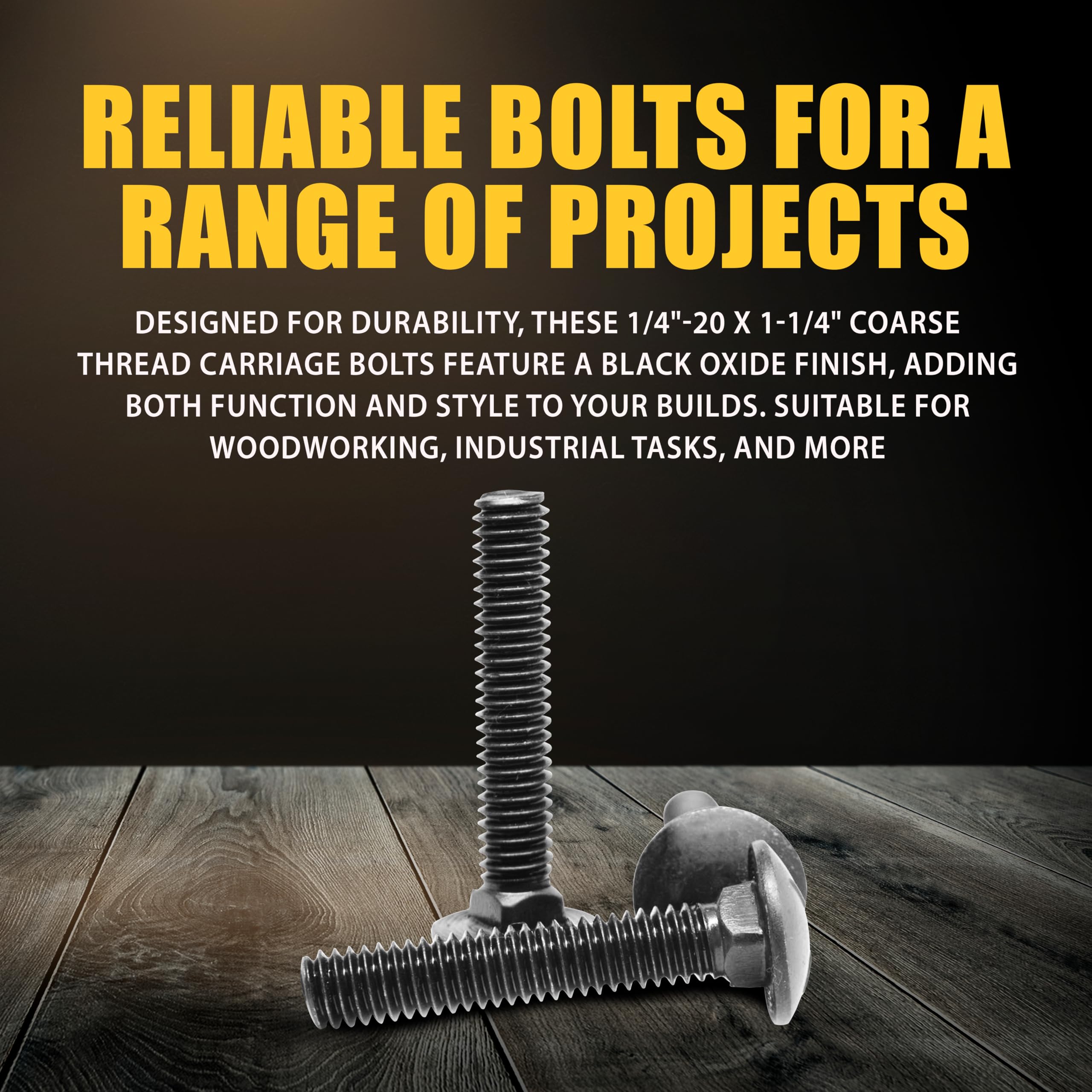 1/4"-20 x 1 1/4" (FT) Coarse Thread Grade 5 Carriage Bolts Medium Carbon Steel Black Oxide - Pack of 100
