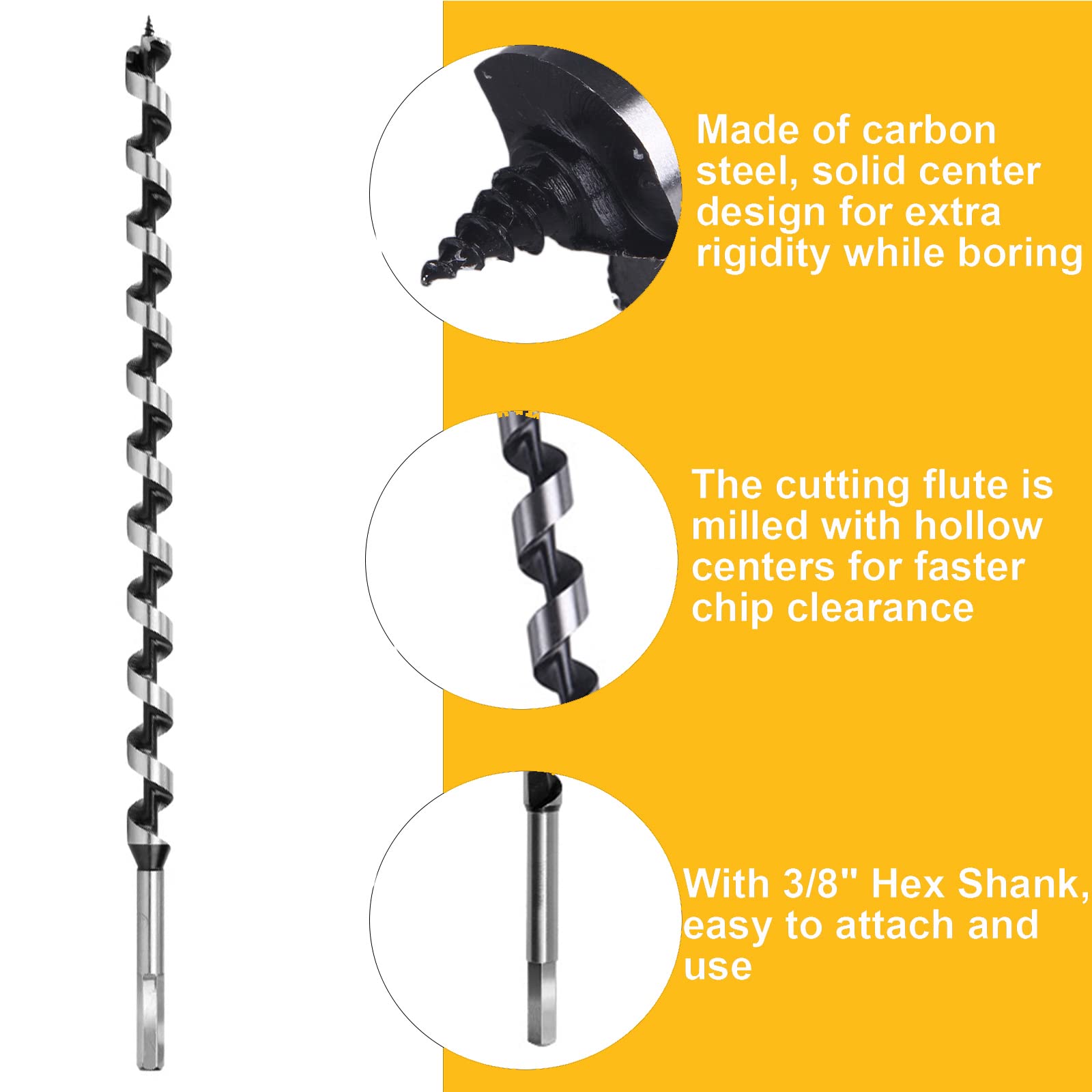 1/2-Inch x 12-Inch Auger Drill Bit for Wood, Long Drill Bit with Hex Shank 3/8-Inch, Carbide Auger Drill Bits for Soft and Hard Wood, Plastic, Drywall and Composite Materials