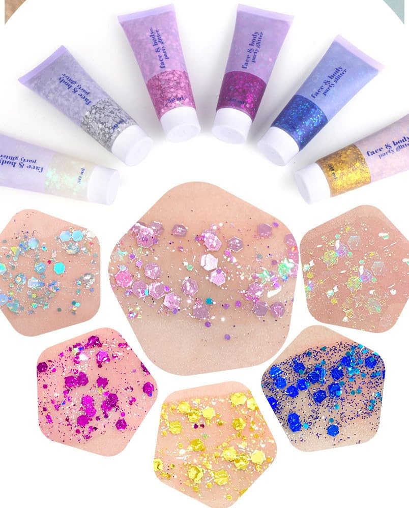 2 Colors Body Glitter Gel, Face Glitter Body Gel Sequins Shimmer Liquid Eyeshadow, Holographic Glitter Gel Festival Glitter Makeup.(03#Pink+06White)