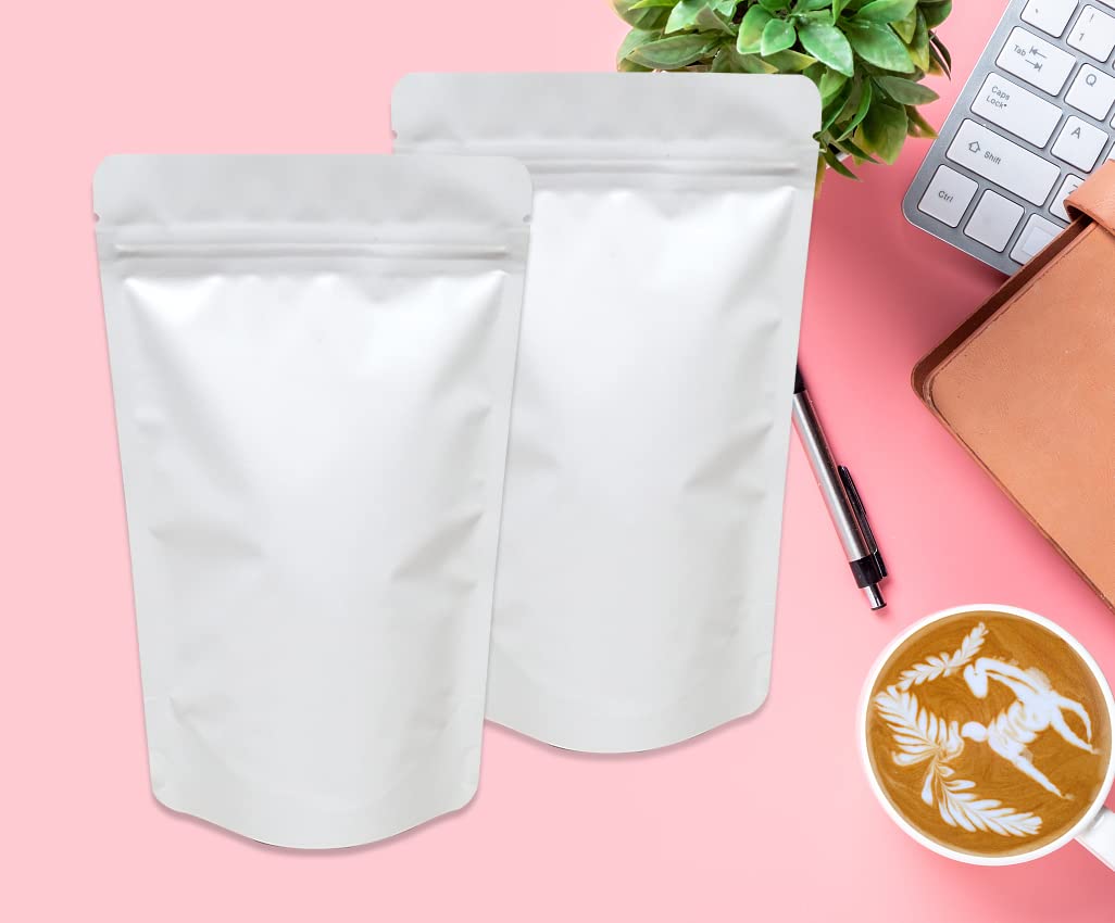 100 Pack Matte White Mylar Bags Stand Up - 4 x 6 Inches Resealable Mylar Ziplock Bags Food Storage Foil Pouch