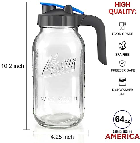 2 Pack 64 oz Sun Tea Pitcher, Half Gallon Mason Jar Pitcher with Wide Mouth Airtight Lid for Ice Tea, Cold Brew Coffee, Fridge Water, Breast Milk, Juices, Leak Proof
