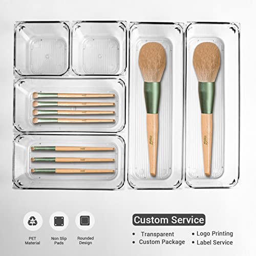 13 Pcs Drawer Organizer Set Clear Plastic Storage Bins Office Desk Drawer Dividers Trays with Non-Slip Silicone Pads, Dresser Separation Box for Makeup, Jewelries and Gadgets, Bedroom, Bathroom