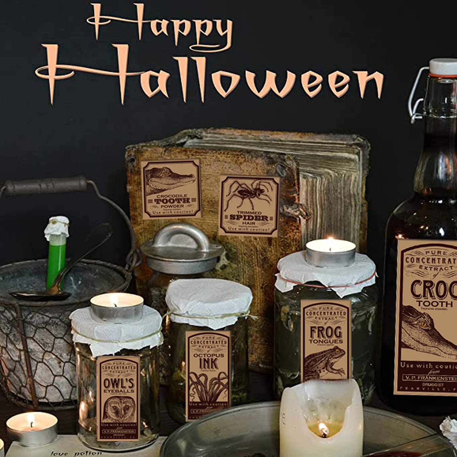 135 Pieces Halloween Animal Bottle Labels Medicine Bottle Stickers Poison Bottle Sticker Decals for Party Decoration and Photo Props, 27 Styles