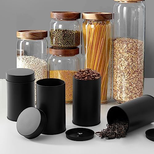 10 packs Tea Tin Canister Tea Tins for Loose Tea Metal Coffee container for ground Coffee Tea Canister 16 oz Round Tin Can with Airtight Double Lids Canister for Kitchen Storage(Black)