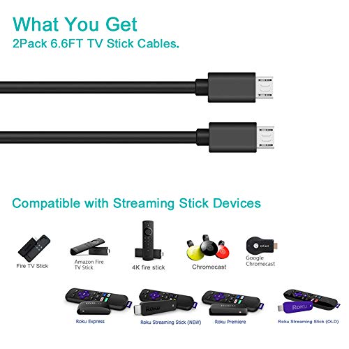 2PCS USB Power Cord Compatible with Fire TV Stick,Roku Streaming Stick 3500 3600 3800,Express Plus 3700 3710XB 3900R 3910XB 3920R 3930R,Premier Plus 3920R 3920XB,Charger Charging Cable Replacement 6FT
