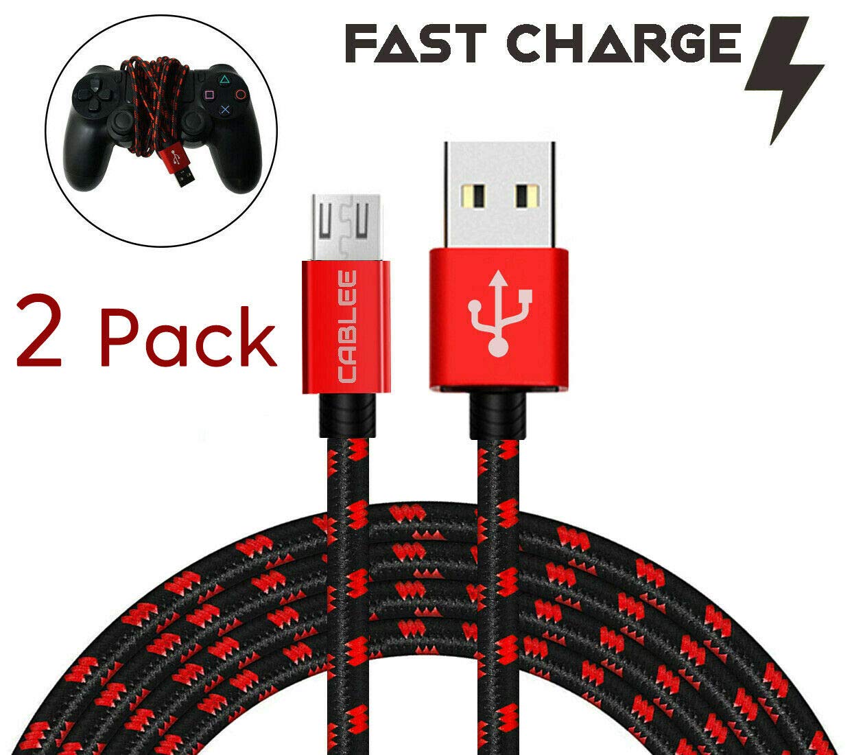 2 Pcs of Micro USB Fast Charging Cable 4 Ft, Compatible with Playstation 4 PS4 Console Dual Shock 4 Controller Red Black