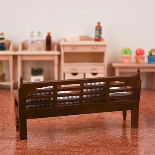 1:12 Miniature Bench Couch Sofa Vintage Wooden Recliner Chair with Cushions Mini House Furniture Accessories